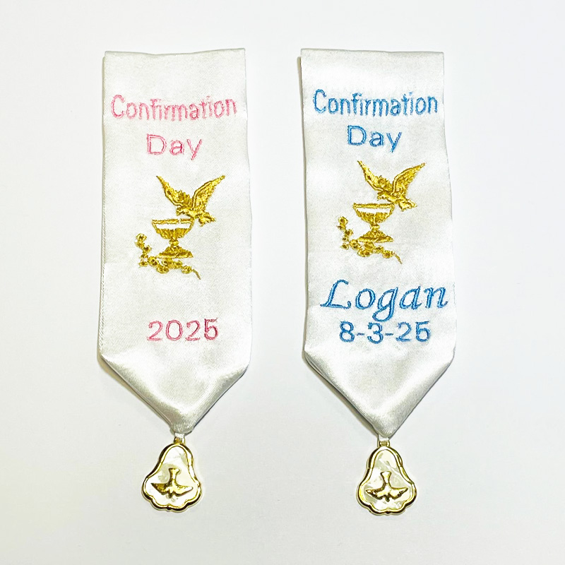 Personalised Confirmation Badge White - Embroidered Dove - Lena's Sewing